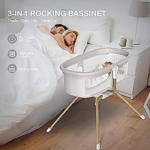 ANGELBLISS 3 in 1 Rocking Bassinet & Baby Bassinet Bedside Crib, One-Second Convert Travel Portable Bassinet Newborn Baby (White)