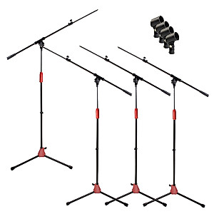 Tripod Microphone Boom Stand with Mic Clip Adapter (Pack of 4) by GRIFFIN | Adjustable Holder Mount For Studio Recording Accessories, Singing Vocal Karaoke, Live Stage | Folding Legs & Telescoping Arm