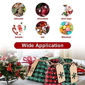 GlyinnHe 36PCS Christmas Drawstring Bag Buffalo Plaid Xmas Burlap Bag with Snowflake Bulk Jute Gift Goody Treat Bags with Kraft Tag for Xmas Holiday New Year Party Favors Supplies