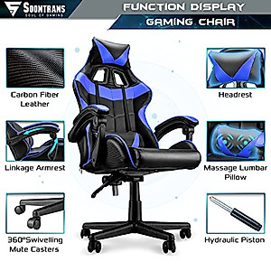 Soontrans Blue Gaming Chairs with Massage,Ergonomic Computer Gamer Chair,Game Chair with Adjustable Headrest and Lumbar Support (Storm Blue)