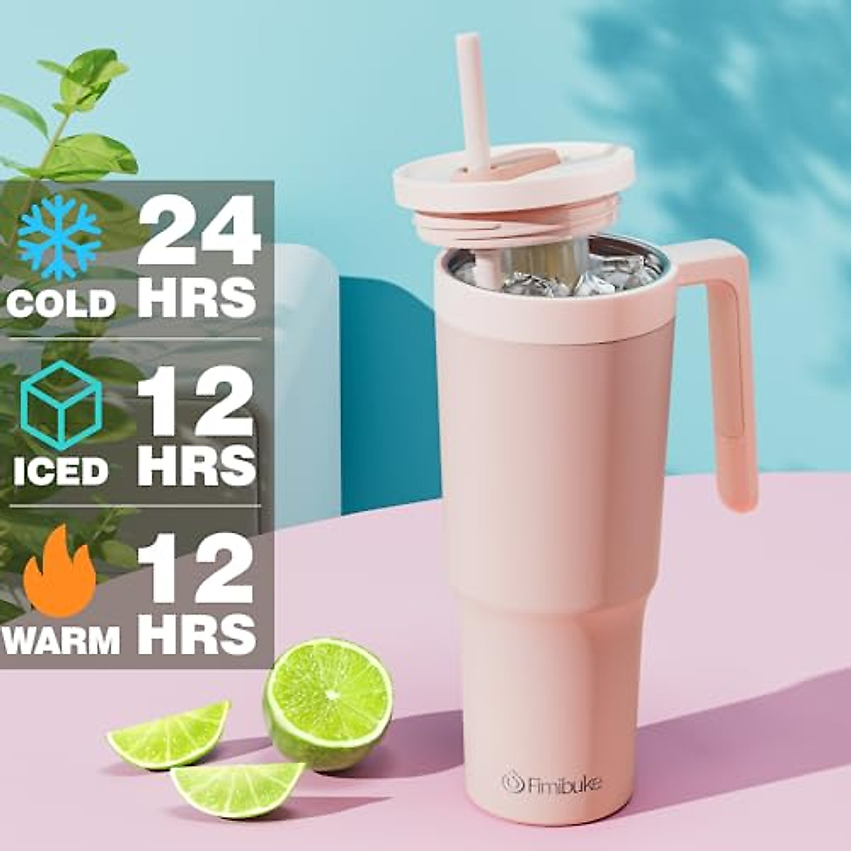 Fimibuke 40 oz Tumbler with Handle & Fruit Infuser, Stainless Steel Vacuum Insulated Cup with Lid & Straw, Water Infusion Bottle Cupholder Friendly Travel Mug Mothers Day Gifts for Mom Grandma Auntie