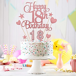 18th Birthday Cake Decorations Set Include 18th Birthday Candles Numeral 18 Cake Candles and Happy 18th Birthday Cake Toppers with Heart Star Cupcake Picks for Birthday Party (Rose Gold Series)