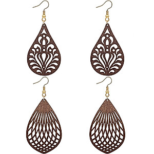 Wovanoo Wood Earrings for Women Natural Wooden Teardrop Drop Dangle Earring Flower Brown