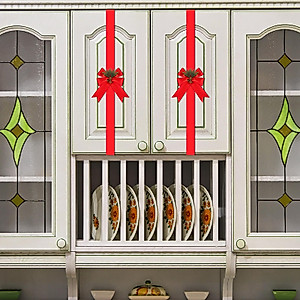 Crowye 8 Pcs Christmas Cabinet Ribbons Bows with Pine Cone Large Christmas Cabinet Door Ribbon Cabinet Bows for Indoor Furniture Kitchen Window Home Door Holiday Party Supplies (Red and Black Plaid)