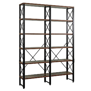 MELLCOM Double Wide 6-Tier Bookshelf, Industrial Open Large Bookcase, Wood and Metal Tall Bookshelves for Living Room Bedroom Office, Rustic Brown