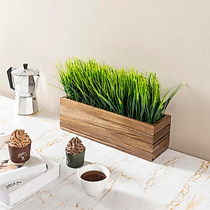 MyGift 14 Inch Artificial Green Grass Plant in Solid Acacia Wood Planter Window Box, Faux Greenery in Decorative Rectangular Crate Style Wooden Container