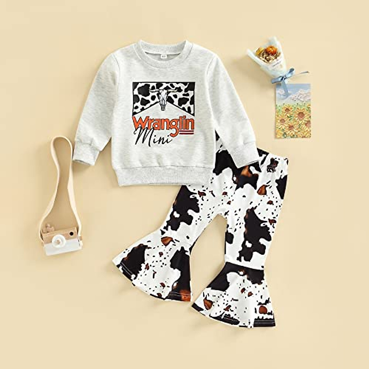 Toddler Baby Girl Fall Outfits Letter Print Sweatshirt Clothes Cow Print Flared Pants Bell Bottom Outfits (Gray, 2-3 Years)