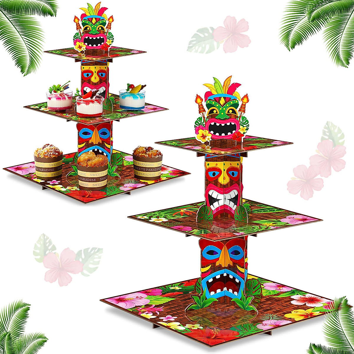 3 Tier Hawaiian Cupcake Stand Tiki Torch Cupcake Holder Luau Theme Cake Holder Decorations Tropical Cupcake Dessert Holder for Summer Pool Beach Birthday Party Supplies (2 Packs)