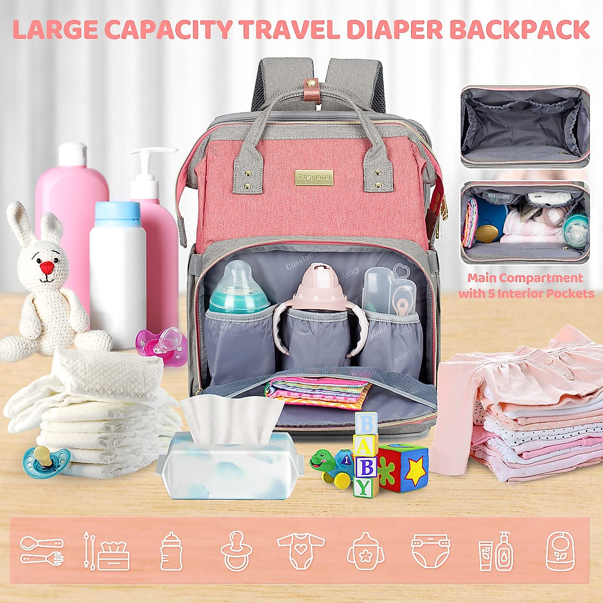 COSYLAND Diaper Bag Backpack Large Capacity Baby Bag for Boy Girl Water-repellent Multifunction Travel Back Pack with Changing Pad & Stroller Straps for Mom Dad, Pink/Grey