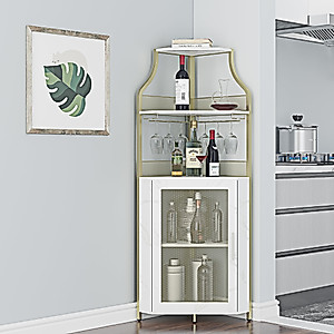 GAOMON Wine Corner Cabinet with Removable Wine Rack, Wine Cabinet and Wine Glass Bar Cabinet with Glass Rack and Mesh Door, Wine Cabinet with Reasonable Functional Partitioning (Gold)