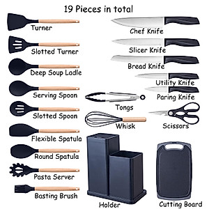 19 Pieces Kitchen Utensils and Knife Set with Block, with 9 Piece Silicone Cooking Utensils Set 5 Piece Sharp Stainless Steel Chef Knives Scissors Whisk Tongs and Cutting Board (19 in 1) (Pink)