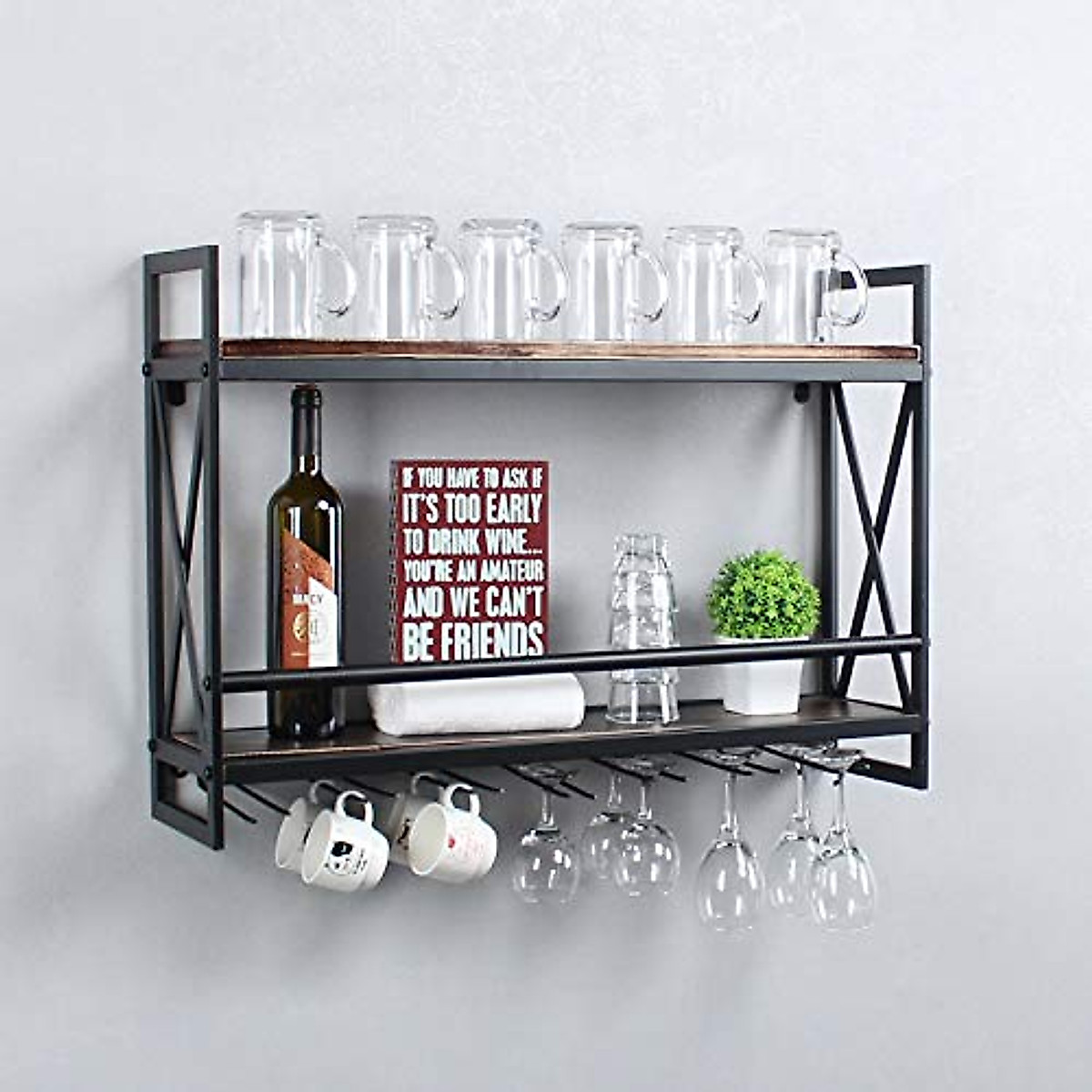 MBQQ Rustic Wall Mounted Wine Racks with 7 Stem Glass Holder,30in Industrial Metal Hanging Wine Rack,2-Tiers Wood Shelf Floating Shelves,Home Room Living Room Kitchen Decor Display Rack,Retro Black