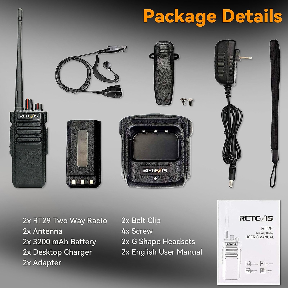 Retevis RT29 Military Grade Walkie Talkies, Long Range 2 Way Radio with Earpiece, 700,000 sq. ft/50 Floor Range, Dust Protected and Splashproof (IP54 Rating), Heavy Duty Two Way Radio (2 Pack)