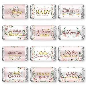 Colarr 180 Pieces Floral Baby Shower Candy Stickers Mini Flower Baby Shower Candy Bar Wrappers Chocolate Sweets Labels for Girls Boys Baby Shower Favor Decorations Supplies