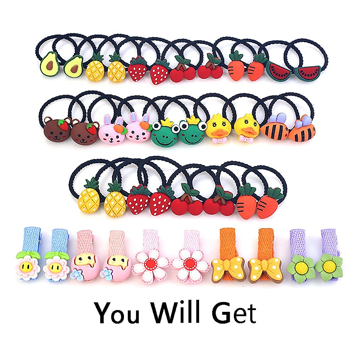 40pcs Baby Hair Ties for Toddler Girls Cute Animals and Fruits and Flower Hairpins Scrunchies Ponytail Holders Kids Headband