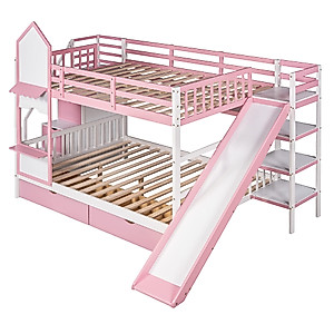Full-Over-Full Bunk Bed, Castle Style Bunk Bed with 2 Drawers and 3 Shelves, Solid Wood Bunk Beds with Slide and Storage Staircase, Playhouse Low Bunk Bed for Kids Teens Boys Girls (Pink-O273)