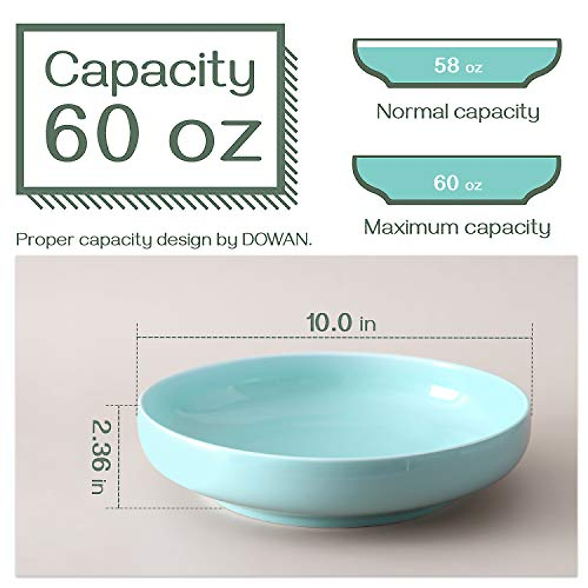 DOWAN 10" Shallow Serving Bowls, 60 oz Large Serving Bowls and Platters, Serving Plate for Salad Pasta Soup Fruit, Porcelain Serving Dishes for Dinner Party, Set of 2, Turquoise