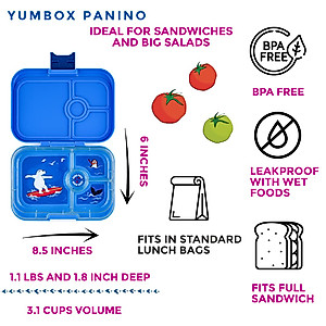 Yumbox Leakproof Bento Box Panino: 4-Compartment Kids & Adults Bento; Perfect for Sandwich Packed Lunch; Compact 8.5x6x1.8; Healthy Portions (Surf Blue with Polar Bear Removable Tray)