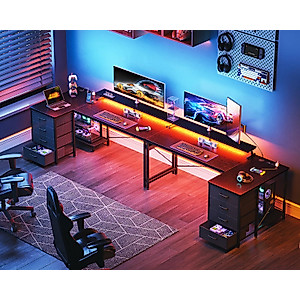 ODK 55-Inch L Shaped Gaming Desk with LED Lights & USB Power Outlets, Reversible Computer Desk with 4 Drawers, Corner Gamer Desk with CPU Shelf & Monitor Stand, Gaming Table for Bedroom, Black