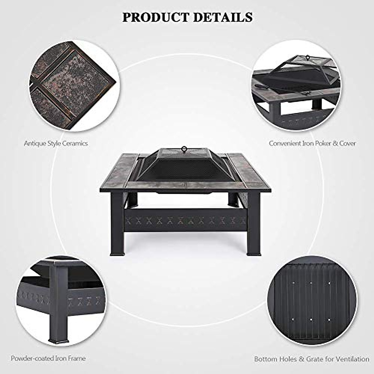 LEAYAN Garden Fire Pit Grill Bowl Grill Barbecue Rack Outdoor Fire Pit Table, Multifunctional Garden Terrace Fire Bowl with Stainless Steel Grill and Log Poker, for Outdoor Patio Fire Pits