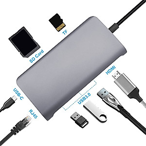 Convenient and Practical 8 in 1 Type-C to HDMI + USB 3.0 x 3 + RJ45 + PD + SD/TF Card Slot HUB Adapter