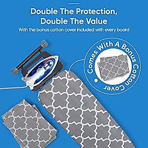 TIDY ZEBRA Compact Ironing Board Full Size European Made – ULTRA THICK PADDED FOAM AVOIDS MOLD - Organic 100% Cotton Ironing Boards Covers - Sturdy Lightweight Iron table, Bonus Iron Board Cover 13x43