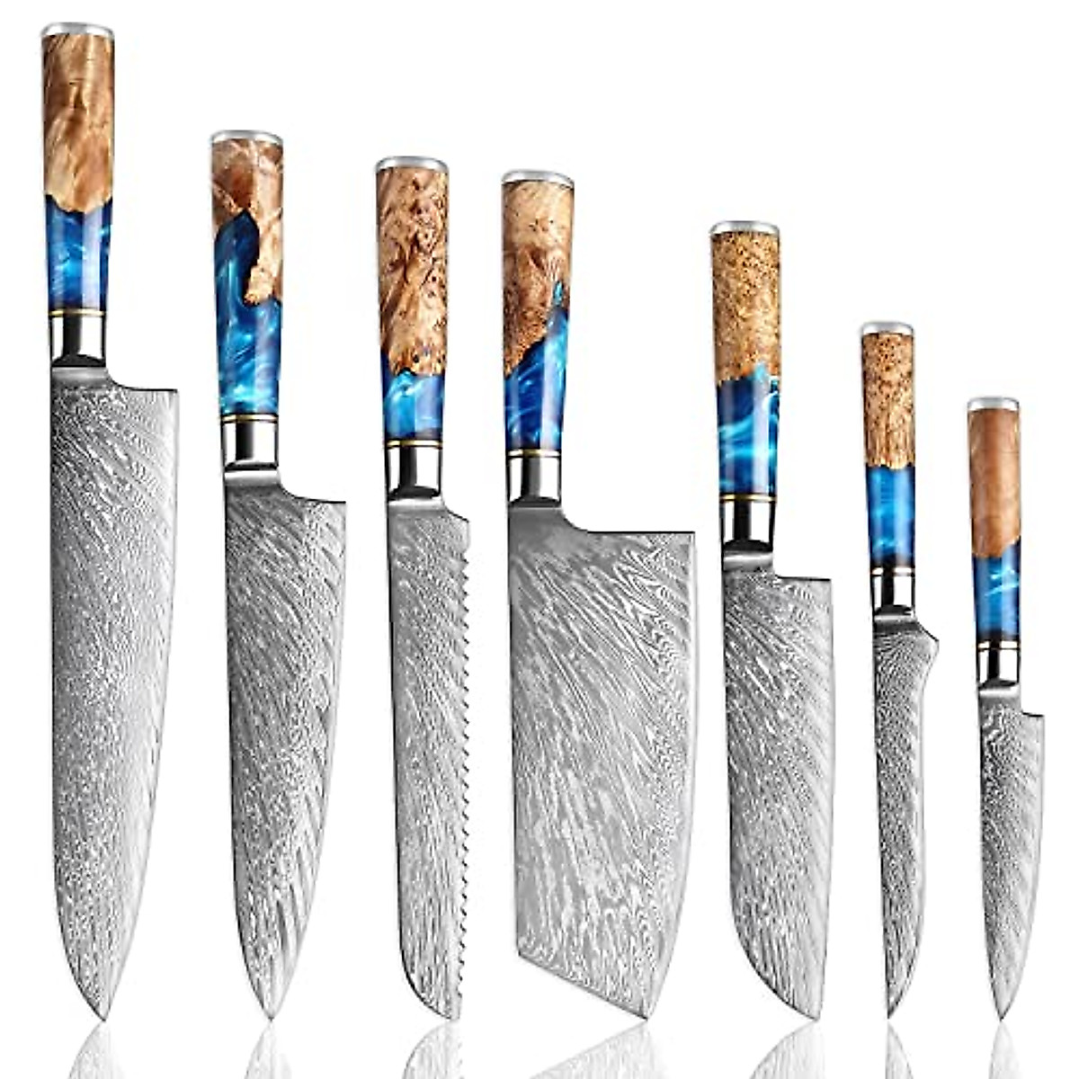 SENKEN 7-Piece Damascus Kitchen Knife Set - Tsunami Collection - 67-Layer Japanese VG10 Steel - Chef's Knife, Cleaver Knife, Bread Knife, Santoku Knife, Boning Knife, & More, Luxury Gift Box