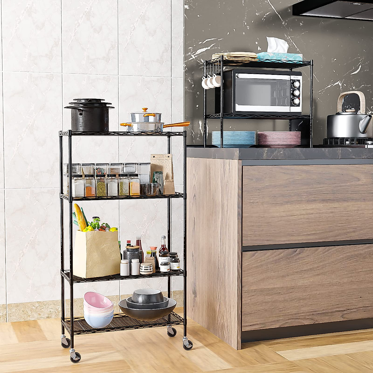 Homdox 6-Tier Wire Storage Rack with Wheels, Skinny Shelf for Small Spaces, Metal Shelves for Storage with Side Hooks, for Pantry Organization, Bathroom, Kitchen, Black