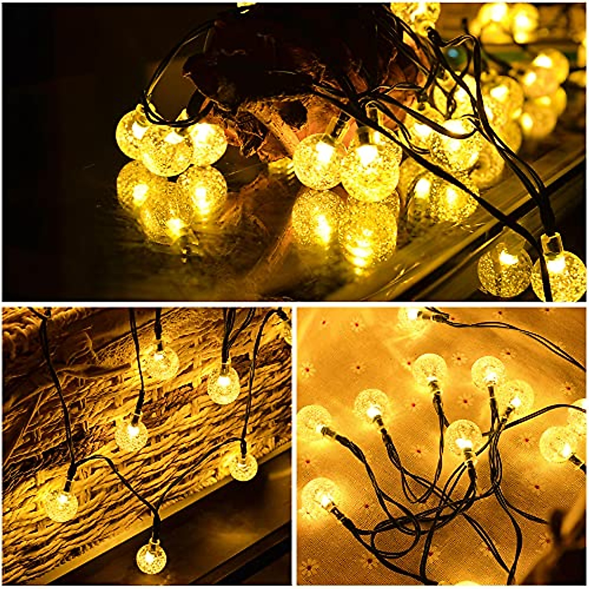 Solar Globe Lights 23Ft 50 LED Battery Powered Waterproof Crystal Globe Ball String Light with Remote for Garden Patio Party Backyard Wedding Halloween Christmas (Warm White)