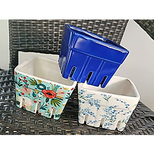 LEAZUL Ceramic Berry Basket Set of 4, Colander, Farmhouse Square Bowl. Rustic Kitchen Decor Fruit Bowls, Fruit Baskets,Blue Yellow and Floral Flowers Pattern Stoneware Harvest Bowls Kitchen Bowl