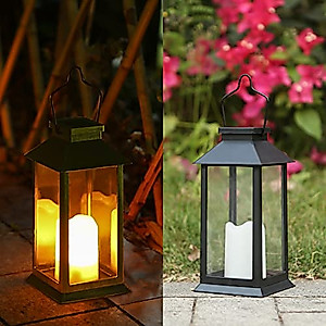 Tomshine 2 Pack Solar Lanterns, Outdoor Garden Hanging Lanterns, 11.8 Inch LED Flickering Flameless Candle Mission Lights for Yard, Table, Patio(Black)