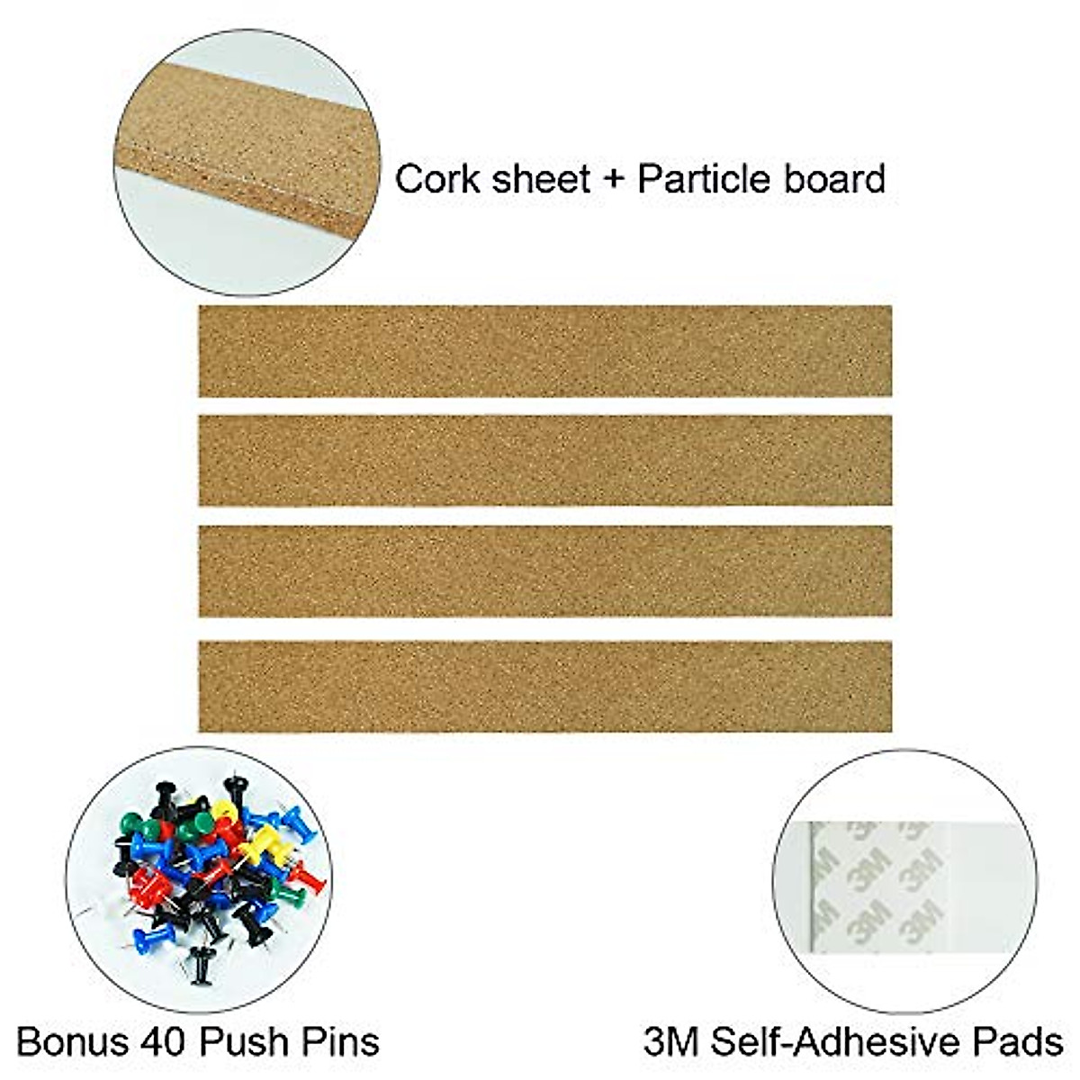 Lockways Cork Bulletin Bar Strip Set 4 Pieces, 2 x 15 Inch, Frameless Cork Board Memo Strip for Office, School, Home Holiday Décor