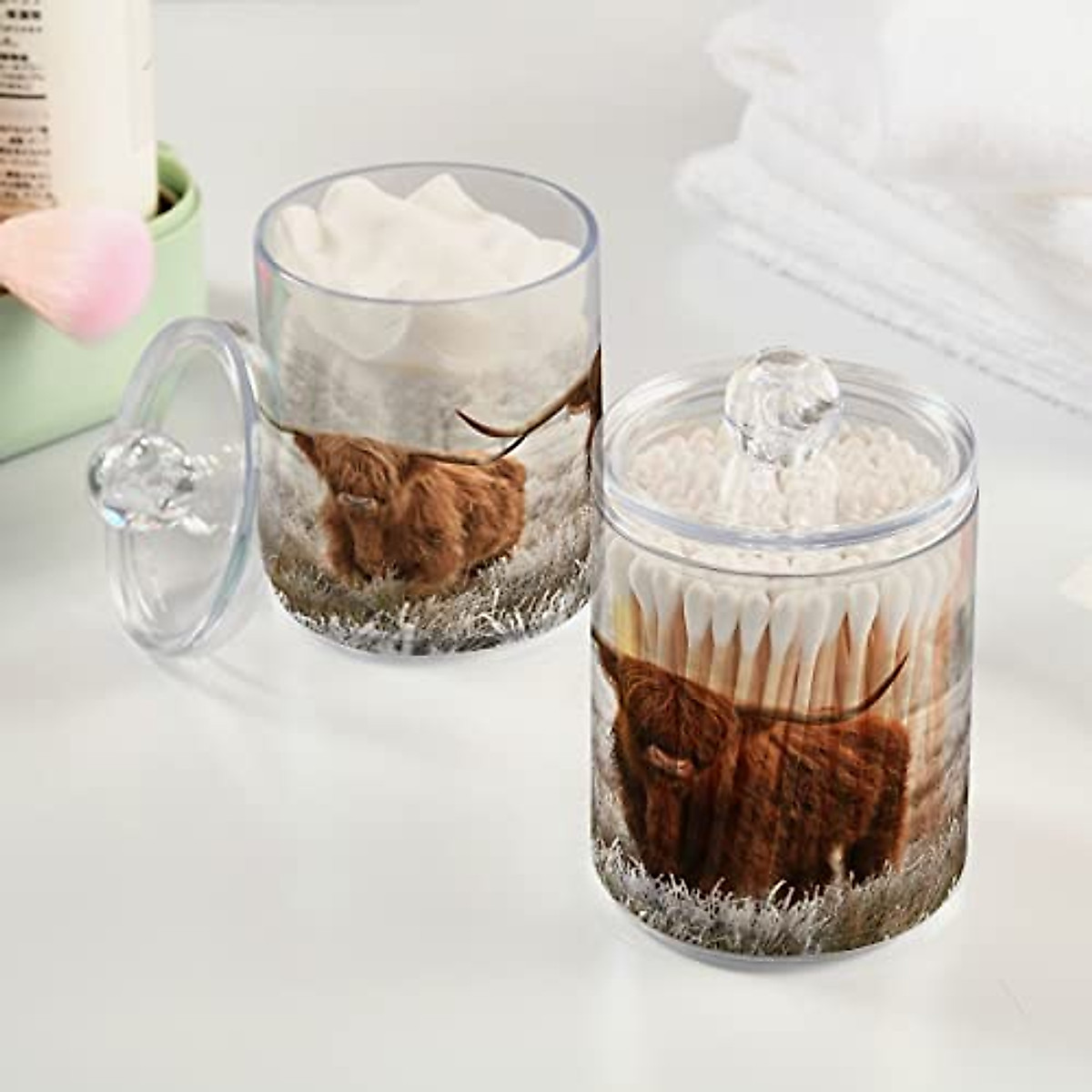 Scottish Highland Cow Qtip Dispenser Apothecary Jars Qtips Holder Bathroom Storage Canister Plastic Jar 10 Oz for Cotton Ball Swab Round Pads Floss 2pcs