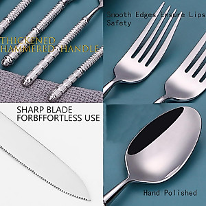 Thomaso 60-piece Hammered Silverware Set,18/10 Stainless Steel Flatware Service for 12, Silver Spoons and Forks Set,Unique Round Handle Cutlery Set, Wedding Housewarming Gift, Dishwasher Safe