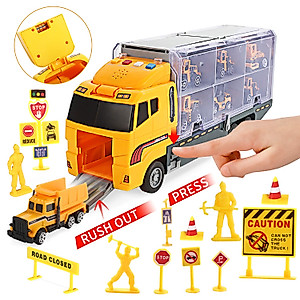 CUTE STONE 25 in 1 Construction Trucks Push and Go Car Carrier Truck Toy, Play Vehicles with Sounds and Lights, 12 Mini Diecast Trucks Included