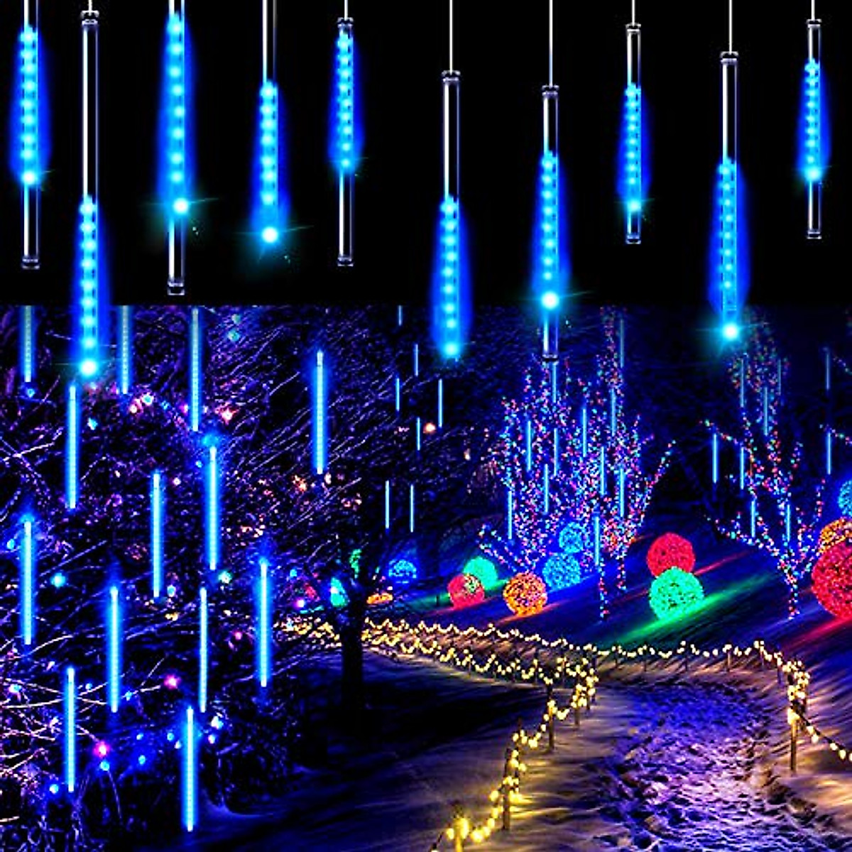 Aluan Christmas Lights Meteor Shower Rain Lights 10 Tube 240 LED 12 Inch Waterproof Plug in Falling Rain Fairy String Lights for Halloween Christmas Holiday Party Home Patio Outdoor Decoration, Blue