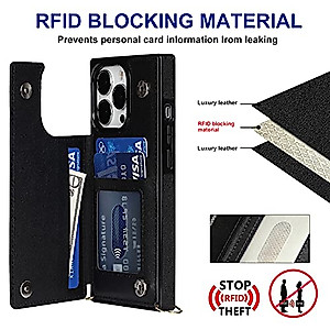 DEFBSC Compatible with iPhone 14 Pro Case, Crossbody Wallet Case, Adjustable Detachable Lanyard Neck Strap with Kickstand Leather Card Holder Protective Cover-Black