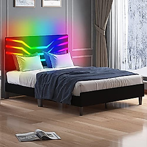 BALUS Smart LED Platform Bed Frame with Headboard, Twin Size Upholstered Gaming Bed Frame with 16 Colors RGB Light and Remote Control, Wood Slat Support