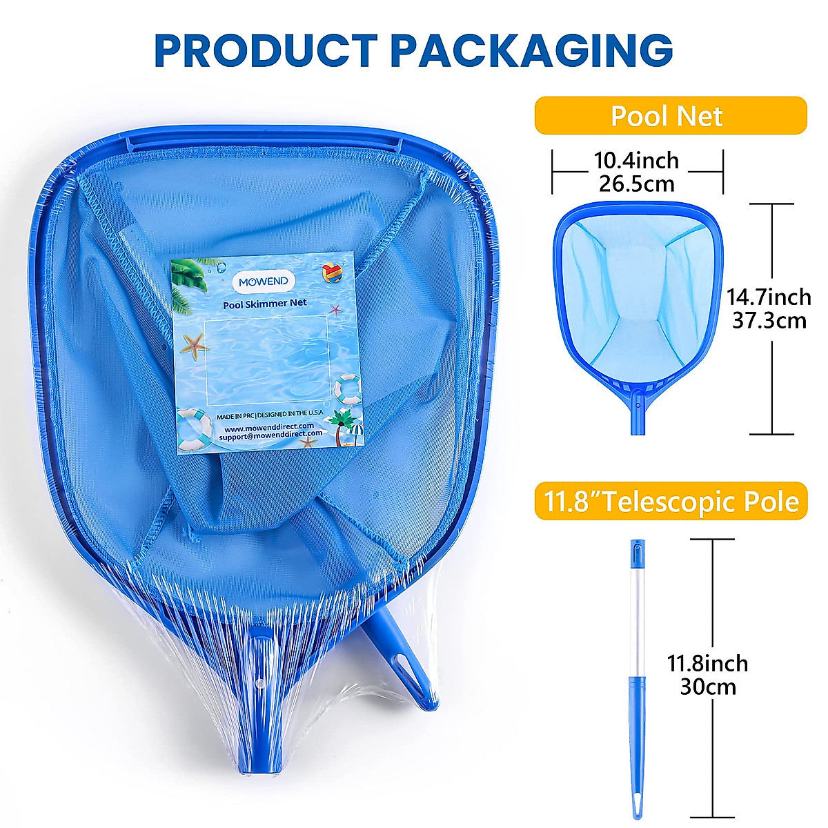 Mowend Swimming Pool Skimmer Net 26.8 inches, Leaf Rake Net with Fine Aluminum Pole for Fast Cleaning Ponds, Hot Tub, and Spas, Pool Cleaner Supplies and Accessories