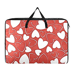OTVEE Storage Bag Organizer King Size with Reinforced Handle Valentine's Day White And Red Hearts On Background Printed Firm Fabric Strong Zipper Foldable Space Saver for Clothes, Quilts, Blankets,Dol