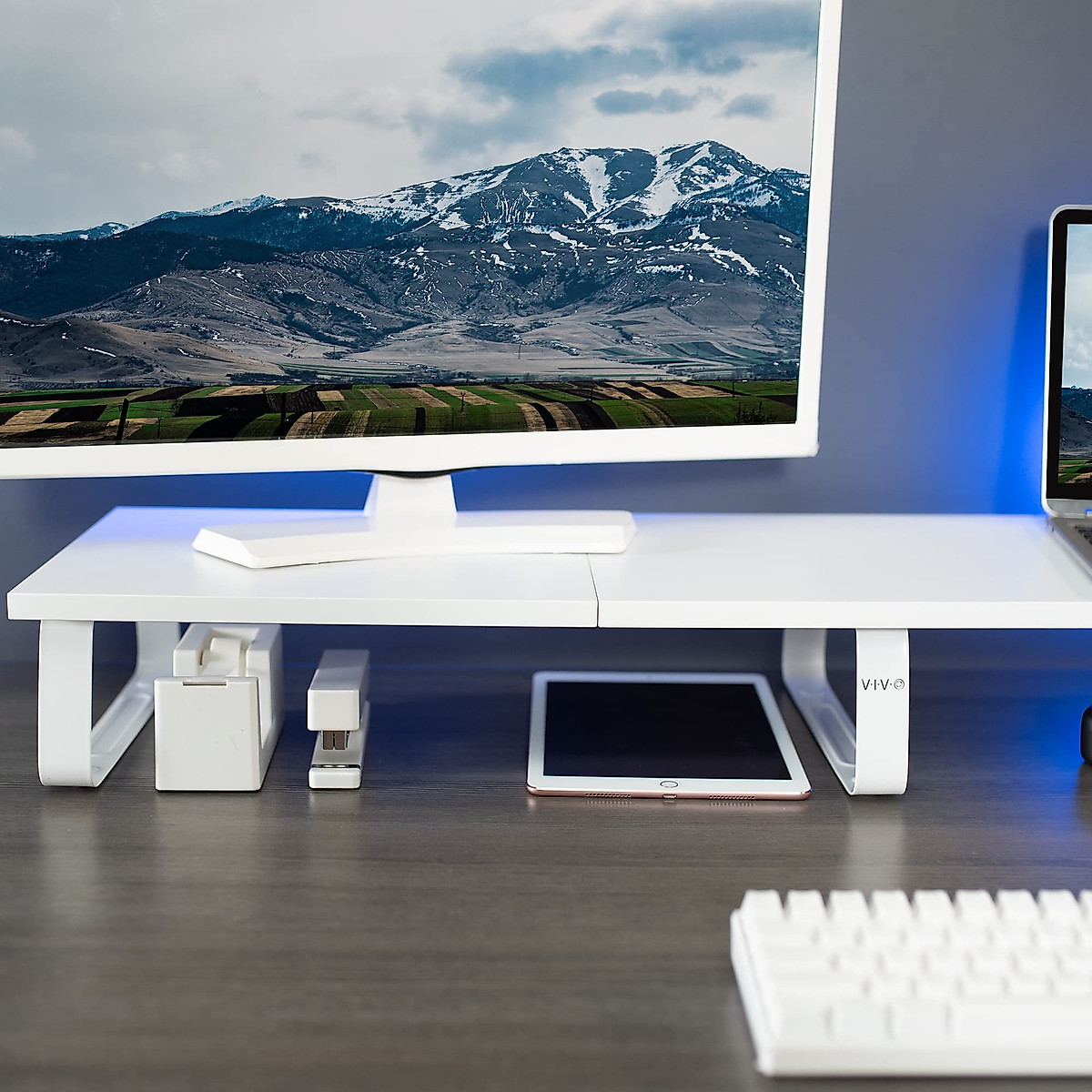 VIVO 39 inch Extra Long Monitor Stand, Wood & Steel Desktop Riser, Dual Screen, TV, Keyboard, Laptop, Ergonomic Desk and Tabletop Organizer, White, STAND-V000DL-W