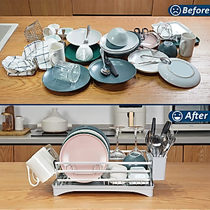 HIPPIH Dish Racks for Kitchen Counter, Dish Drying Rack with Drainboard Aluminum Compact Rustproof Dish Drainer with Adjustable Swivel Spout and Removable Utensil Racks