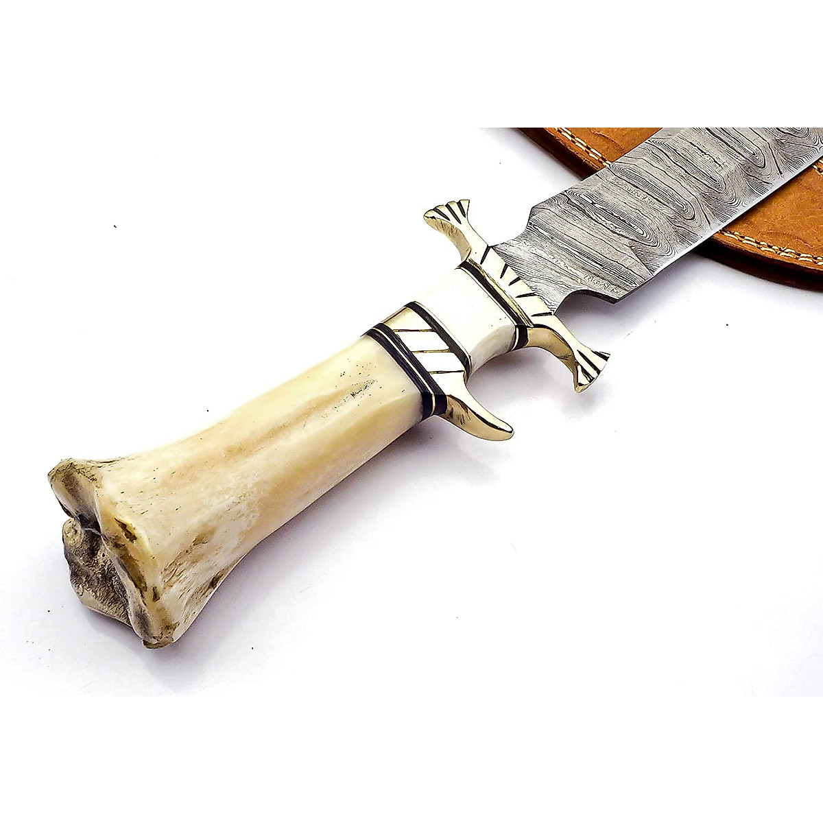 Skokie Knives Custom Hand Made Damascus Steel Hunting Knife Handle Camel Bone