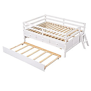 ODC Low Loft Bed with Trundle Bed and 3 Storage Drawers, Multifunctional Full Size Loft Bed with Climbing Ladder, Solid Wood Bed Frame with Full Safety Fence for Kids Boys Girls