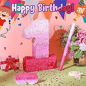 Number 1 Pinata First Birthday Pinata Decorations Gradient Pink Pinata with Stick Blindfold Confetti for Girls Boys Birthday Baby Shower Anniversary Party Decorations Supplies