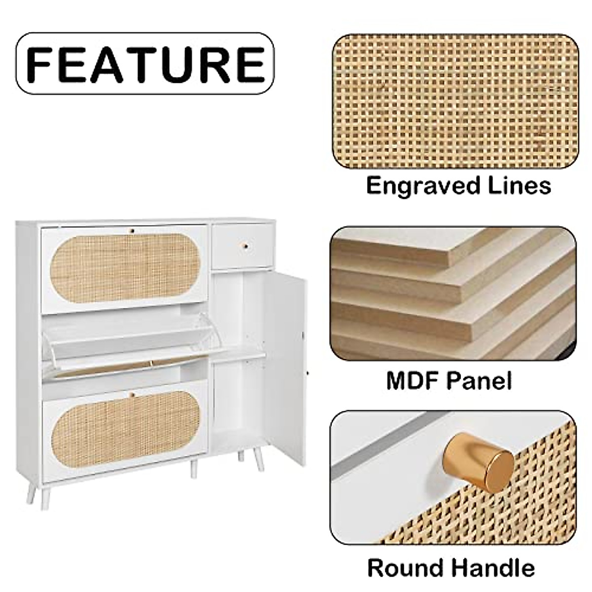 Mcltopz Rattan Shoe Cabinet with 3 Flip Drawers&1 Small Drawer&1 Door, Modern Free-Standing Shoe Rack Narrow Shoe Storage Cabinet Wooden Shoe Rack Storage Cabinet for Entryway Hallway Doorway (White)