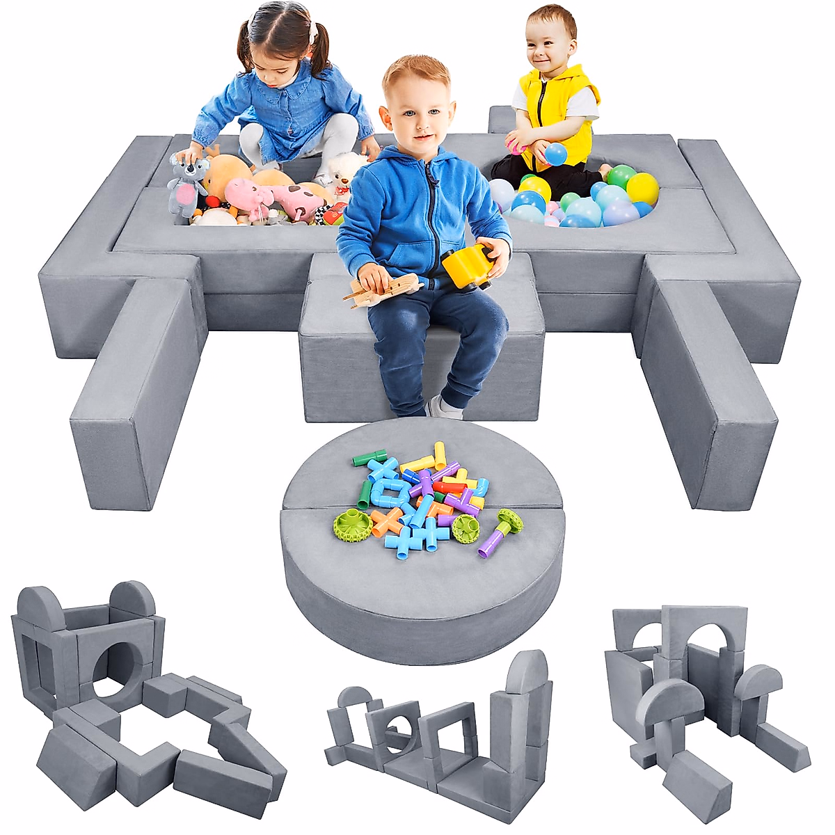 LEBENGURU Kids Play Couch, 16PCS Modular Toddler Foam Sofa for Playroom Bedroom, Child Sectional Sofa Furniture for Teens, Couch Gift for Imaginative Boys and Girls