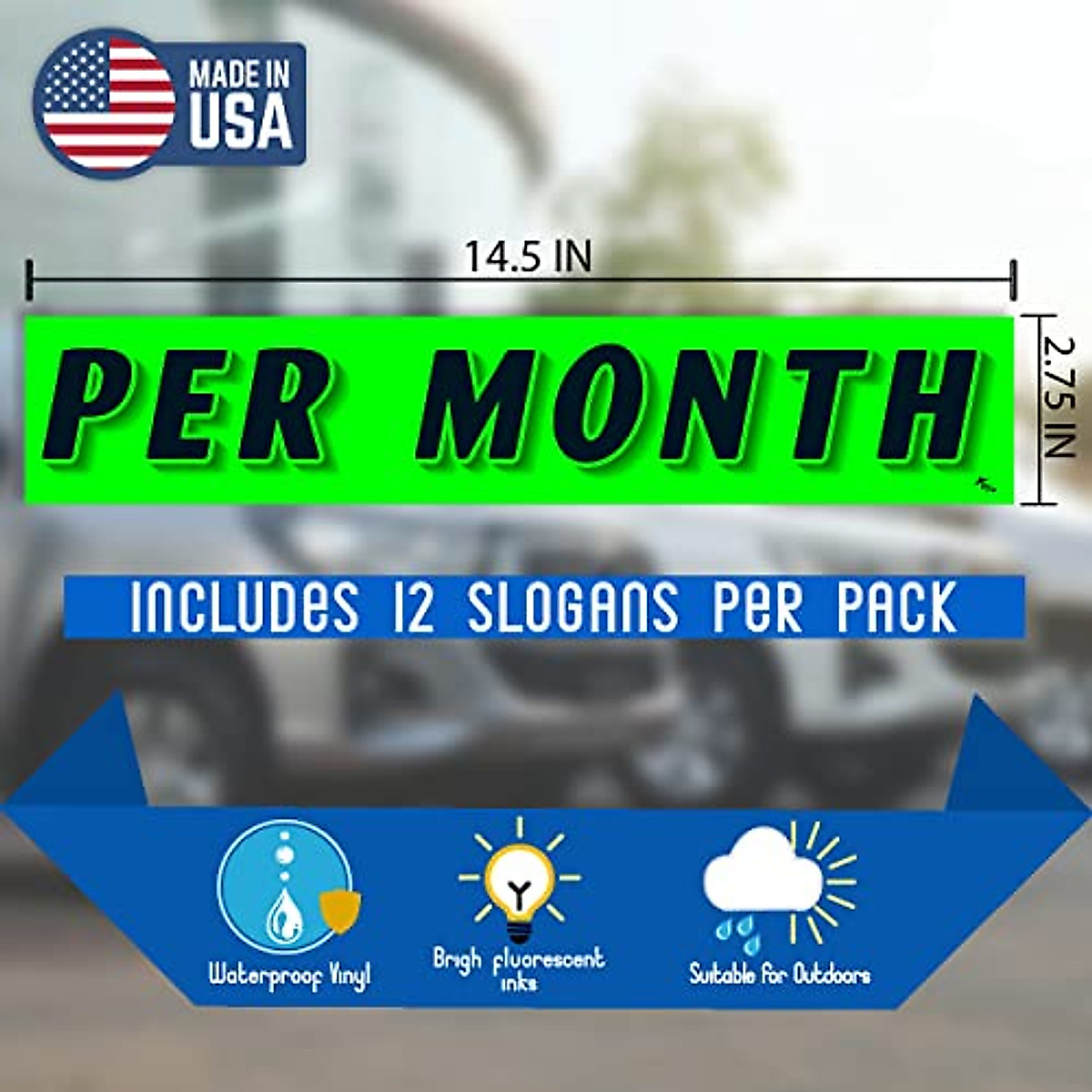 Versa Tags Windshield Slogan Stickers 12 Pack of FINANCING Available Stickers 12 Pack of PER Month Slogans 12 Pack of ONE Owner Window Stickers (36) Dealership Stickers Black On Green