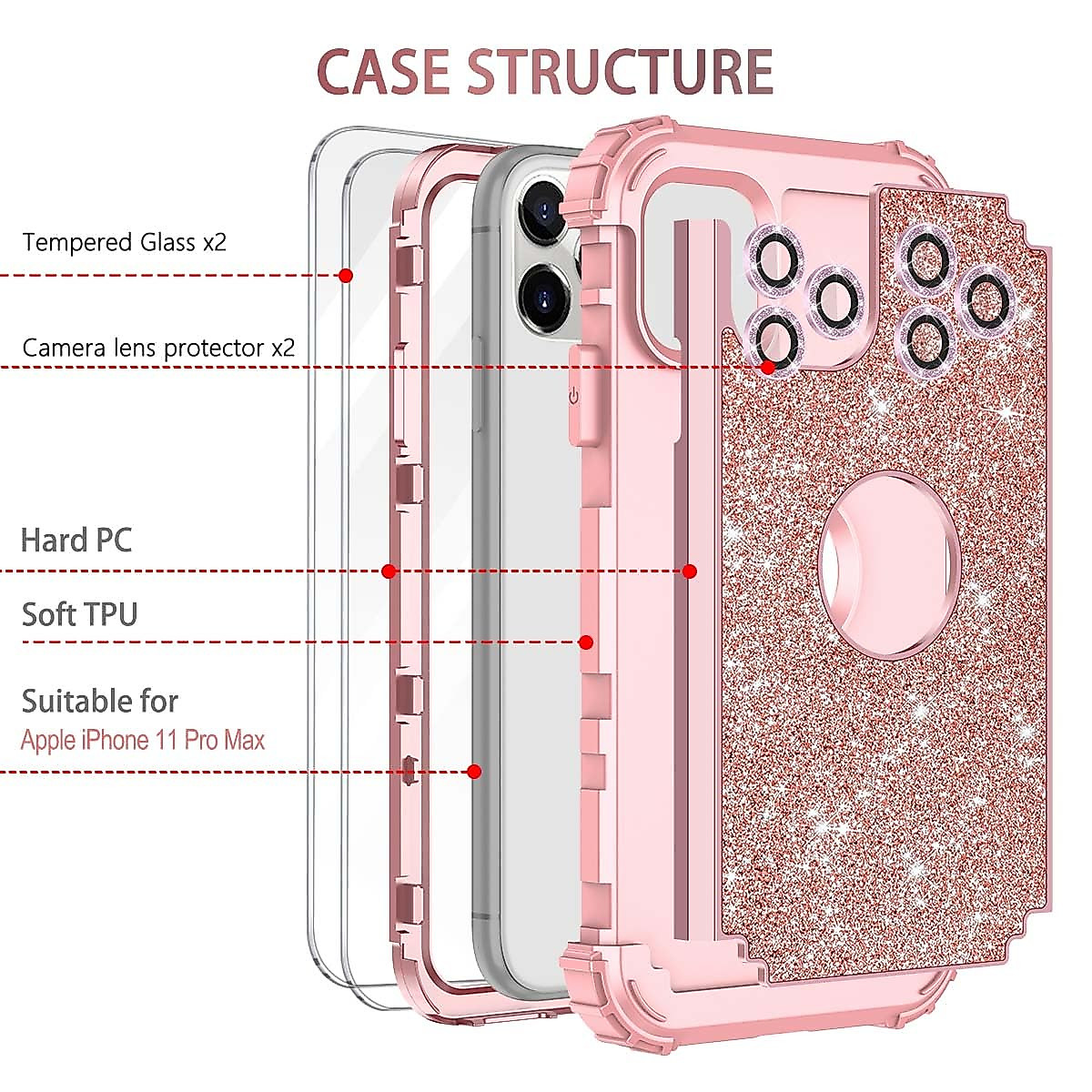 LONTECT for iPhone 11 Pro Max Case Glitter Sparkly Bling 3 in 1 Shockproof Heavy Duty Full Body Sturdy Protective Case for Apple iPhone 11 Pro Max with 2 Screen Protector+2 Camera Protector,Rose Gold