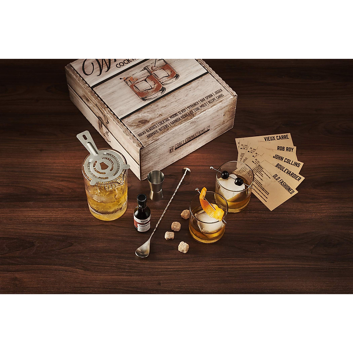 Whiskey Cocktail Kit: Rocks Drinking Glass Set, 750ml Crystal Mixing Glass, Ice Cube Mold, Stainless Bar Spoon Muddler, Strainer, Jigger, Garnish Picks, Bitters, Recipes Cards for Old Fashioned & More